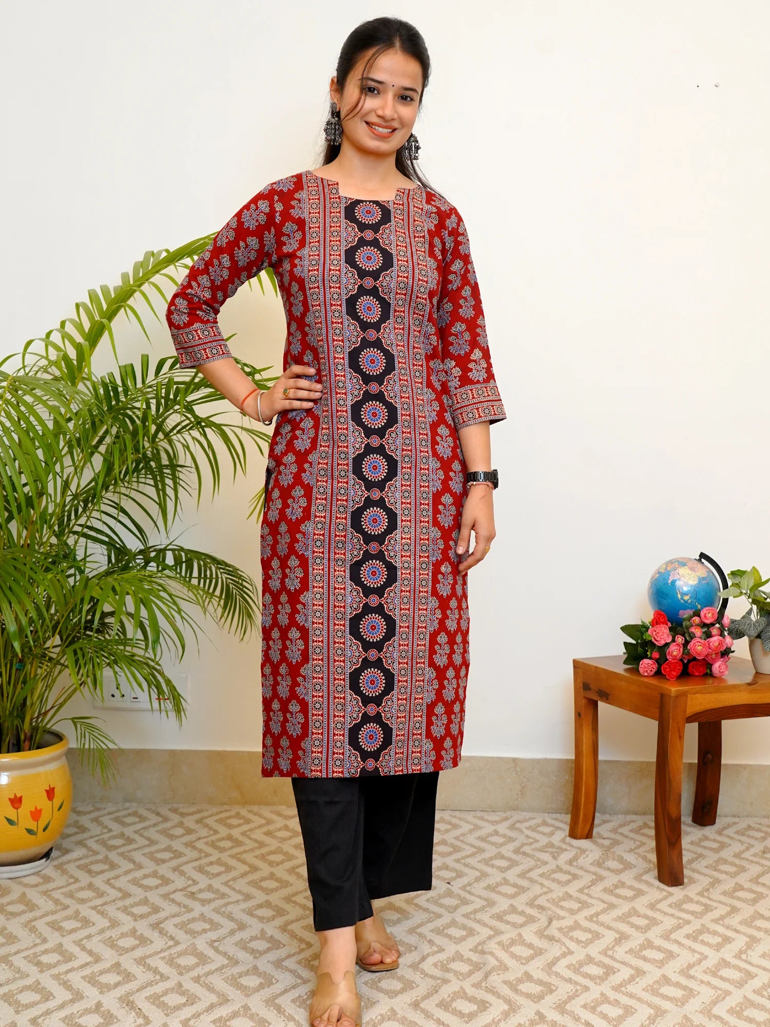 Ajrakh Maroon Block Printed COTTON Kurta – BaSaKa