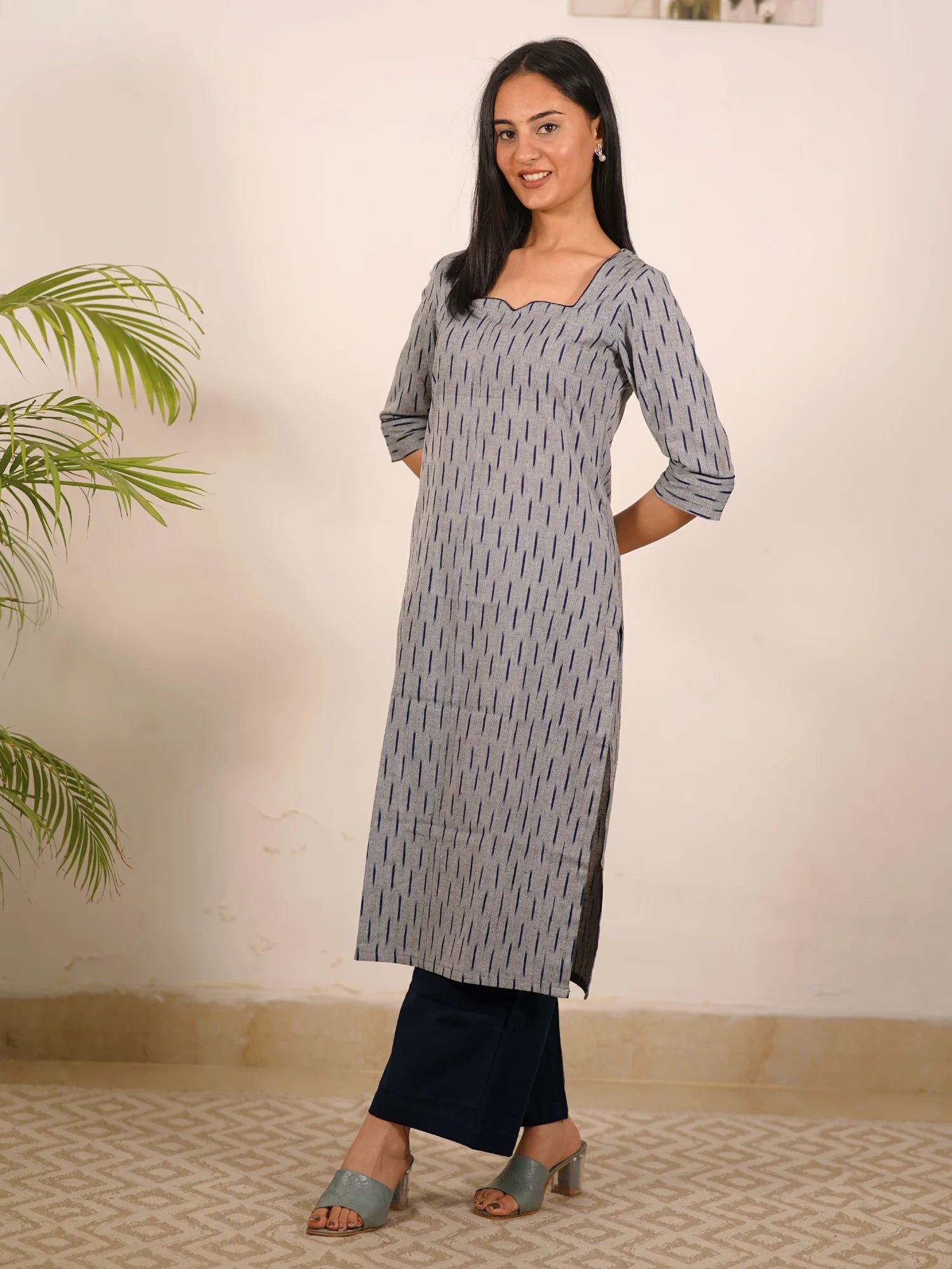 Grey n Blue Motif IKKAT Handloom Cotton Kurta – BaSaKa