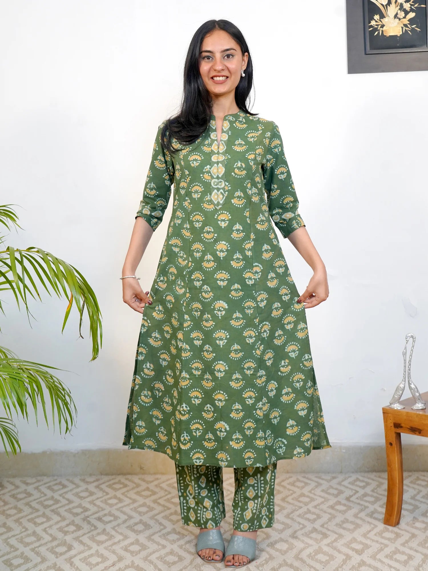 Middle Green Block Printed A-Line Coord Set – BaSaKa