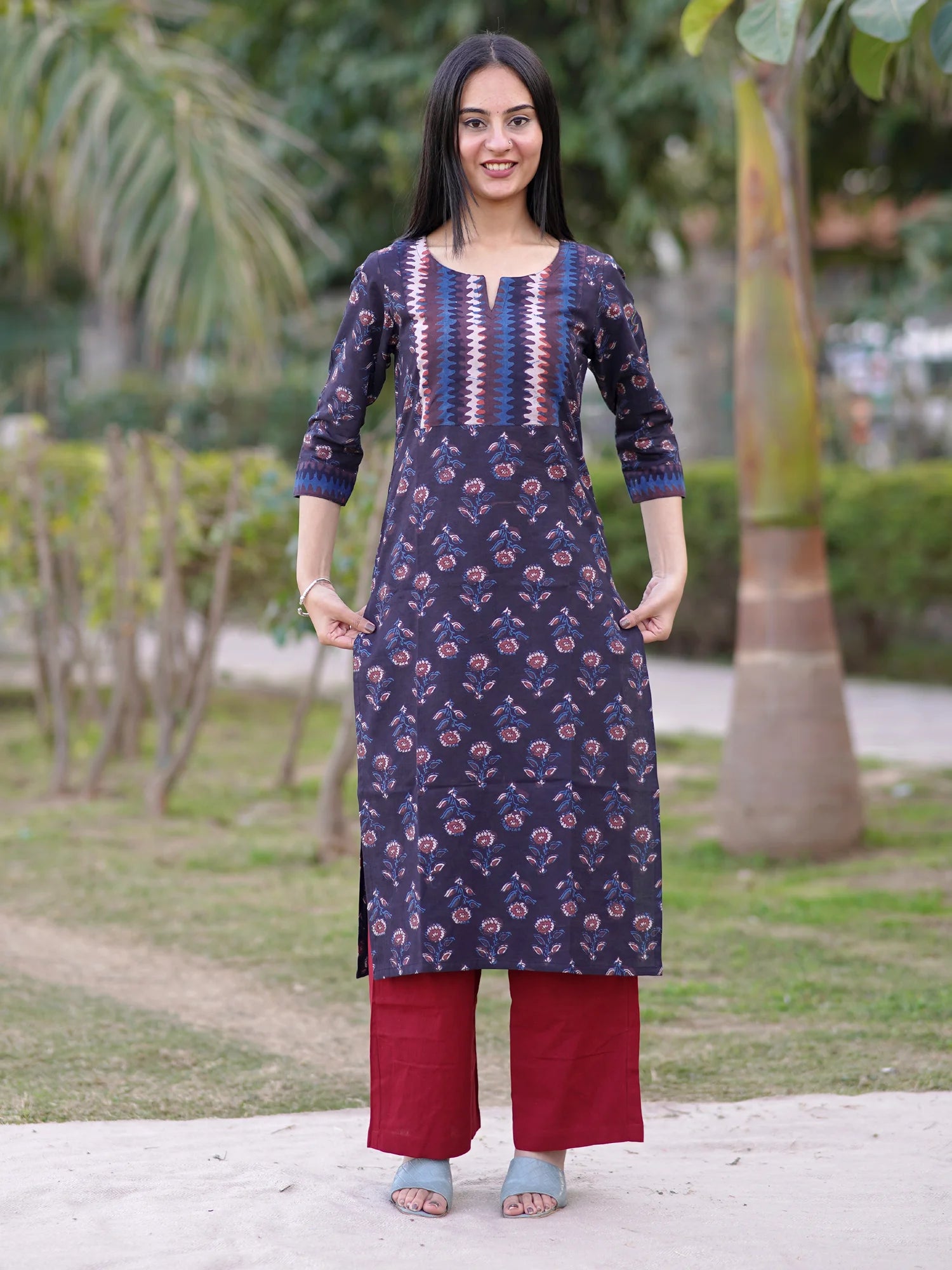 Ajrakh Midnight Blue Floral Block Printed COTTON Kurta – BaSaKa