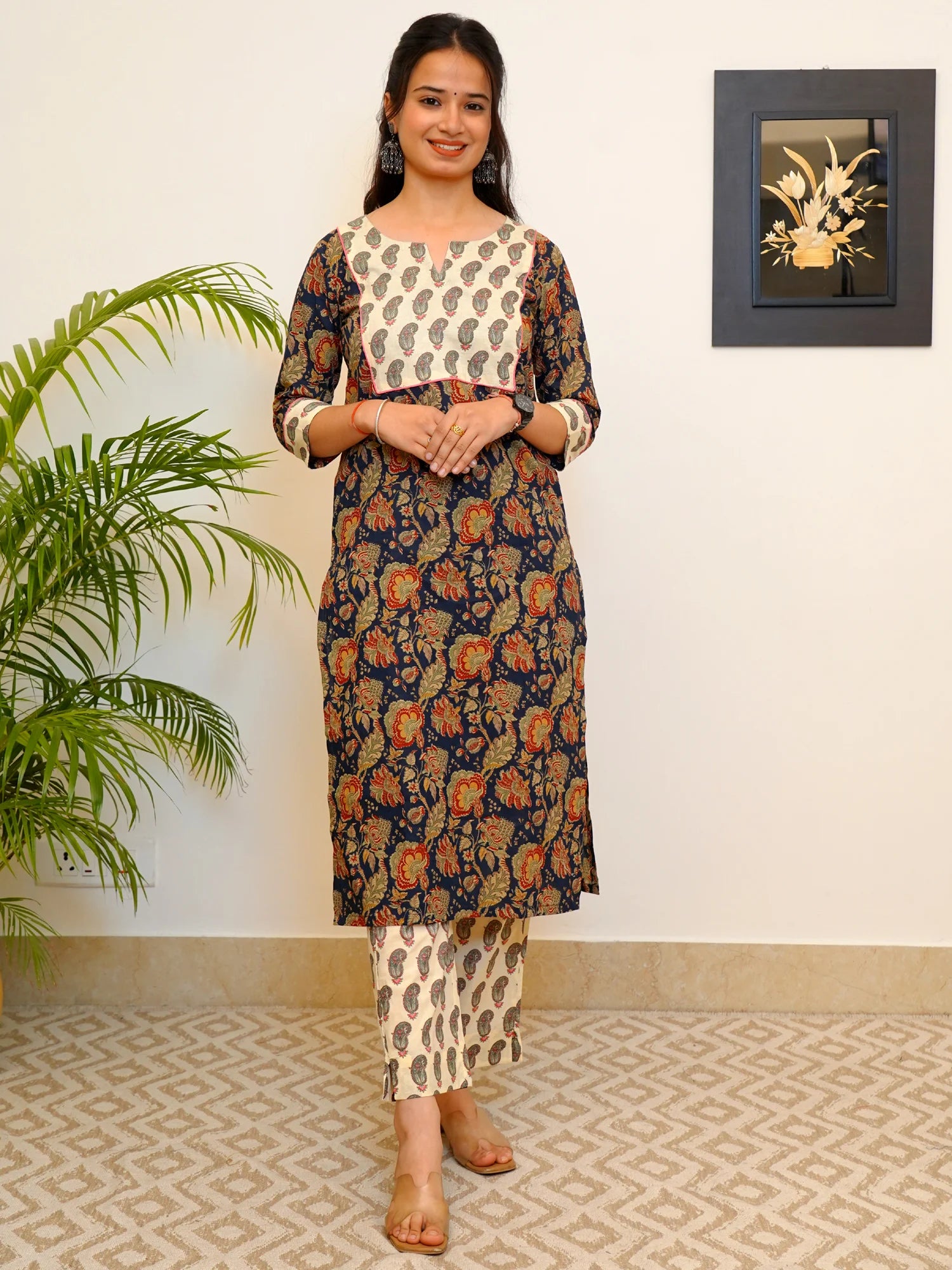Navy Blue Collar COTTON Kurta Pant Set – BaSaKa