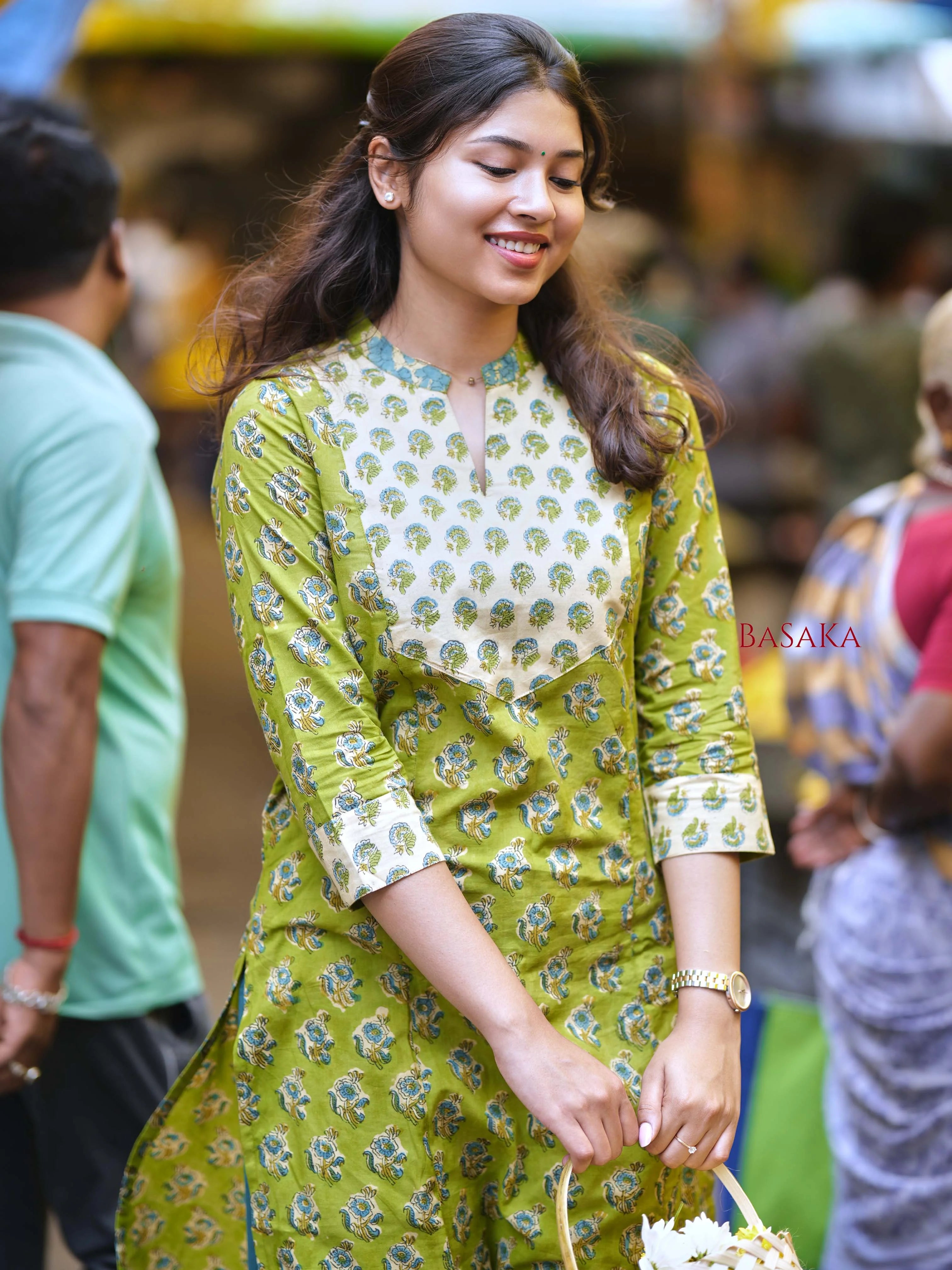 Parrot Green Blossom A-line COTTON Kurta – BaSaKa